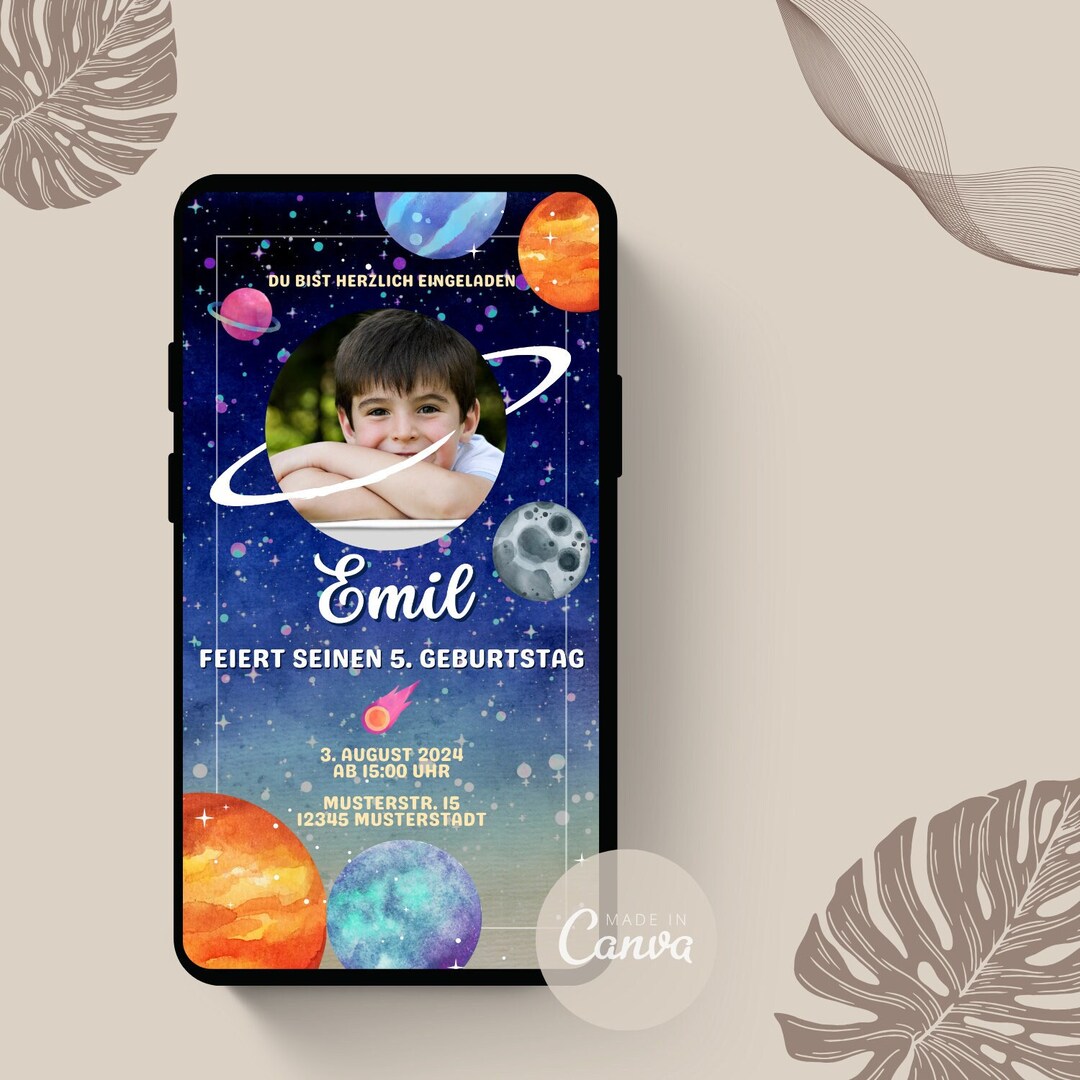 Digital Invitation Children's Birthday Space Digital Invitation Card ...