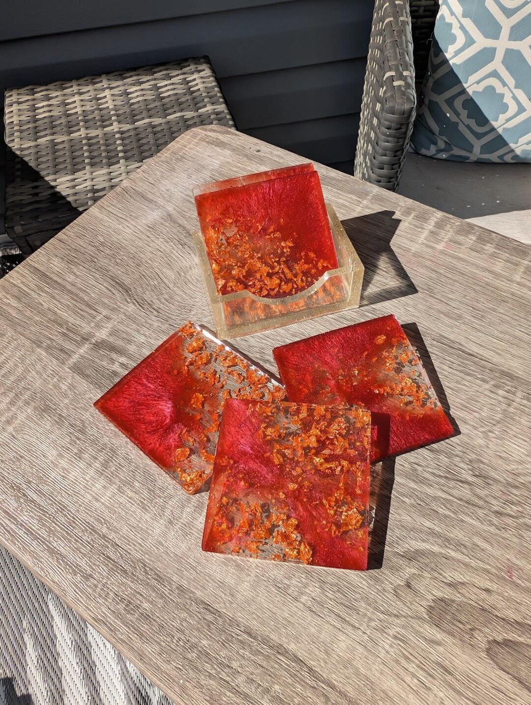 Red and Gold Flake Resin Coaster Set With Holder: Handmade Glitter Home ...