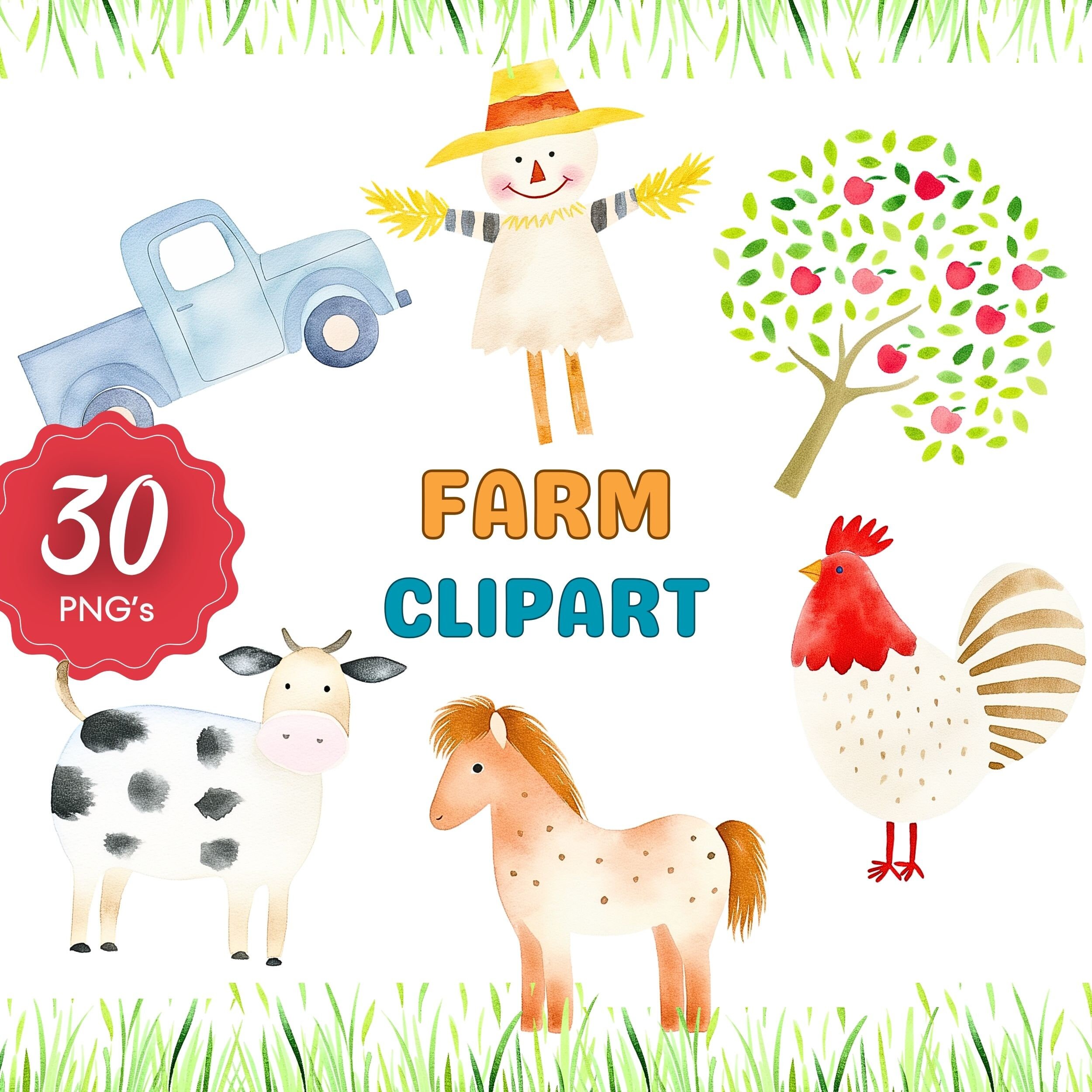 Watercolor Farm Animals Clipart Barn, Rooster, Horse, Tractor, Pig, Cow ...