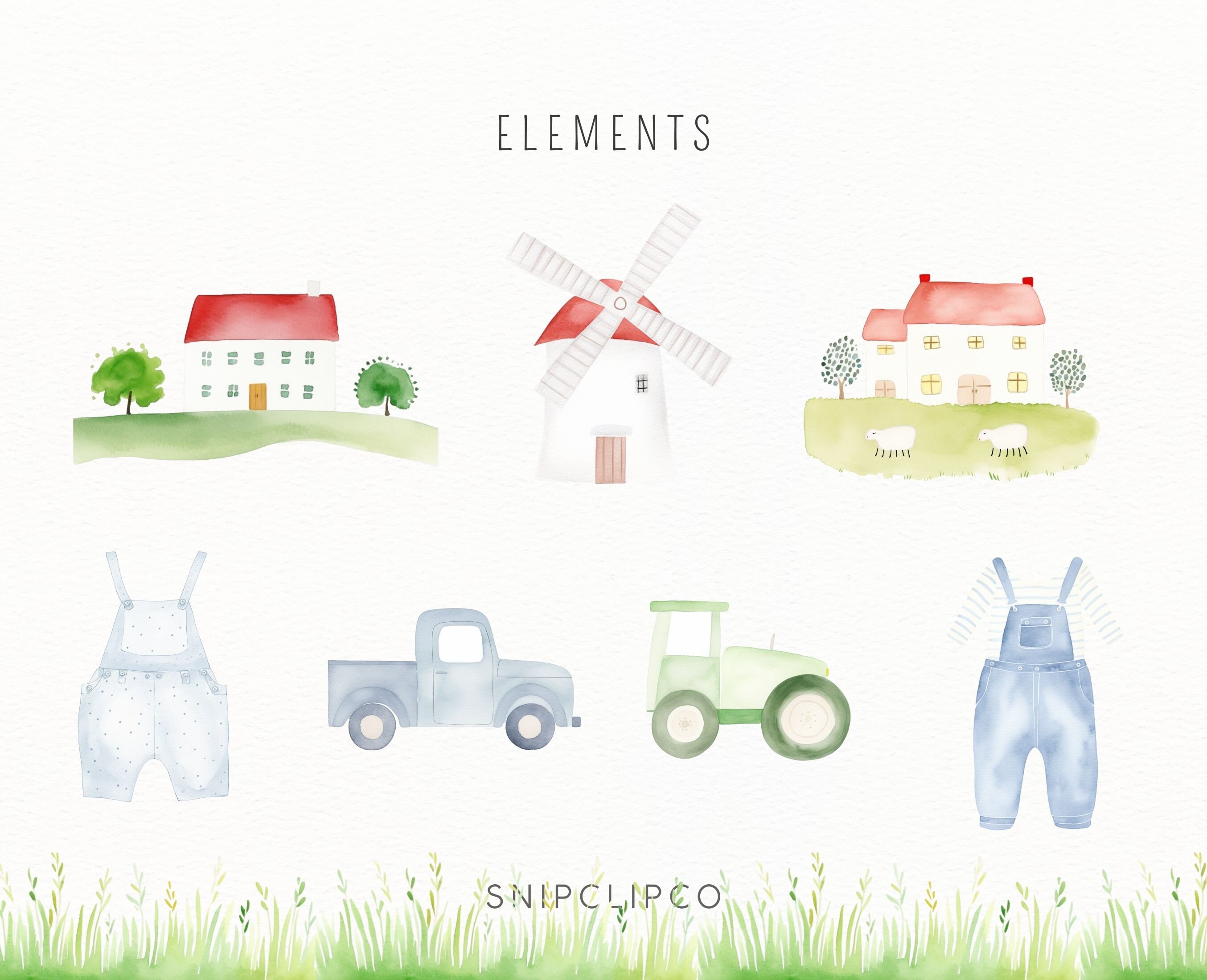 Watercolor Farm Animals Clipart Barn, Rooster, Horse, Tractor, Pig, Cow ...