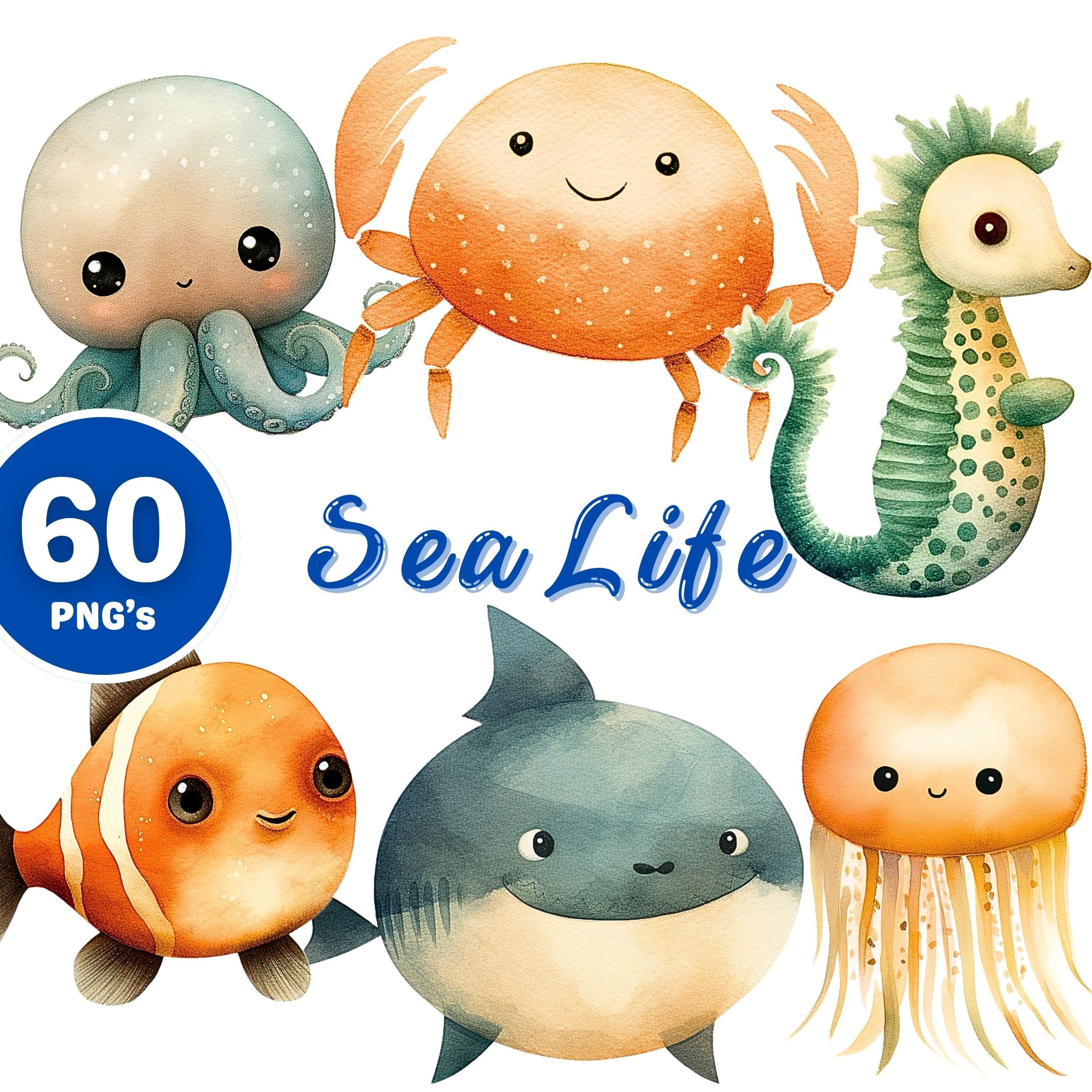 Watercolor Ocean & Sea Creature Clipart Fish, Shark, Coral, Dolphin ...