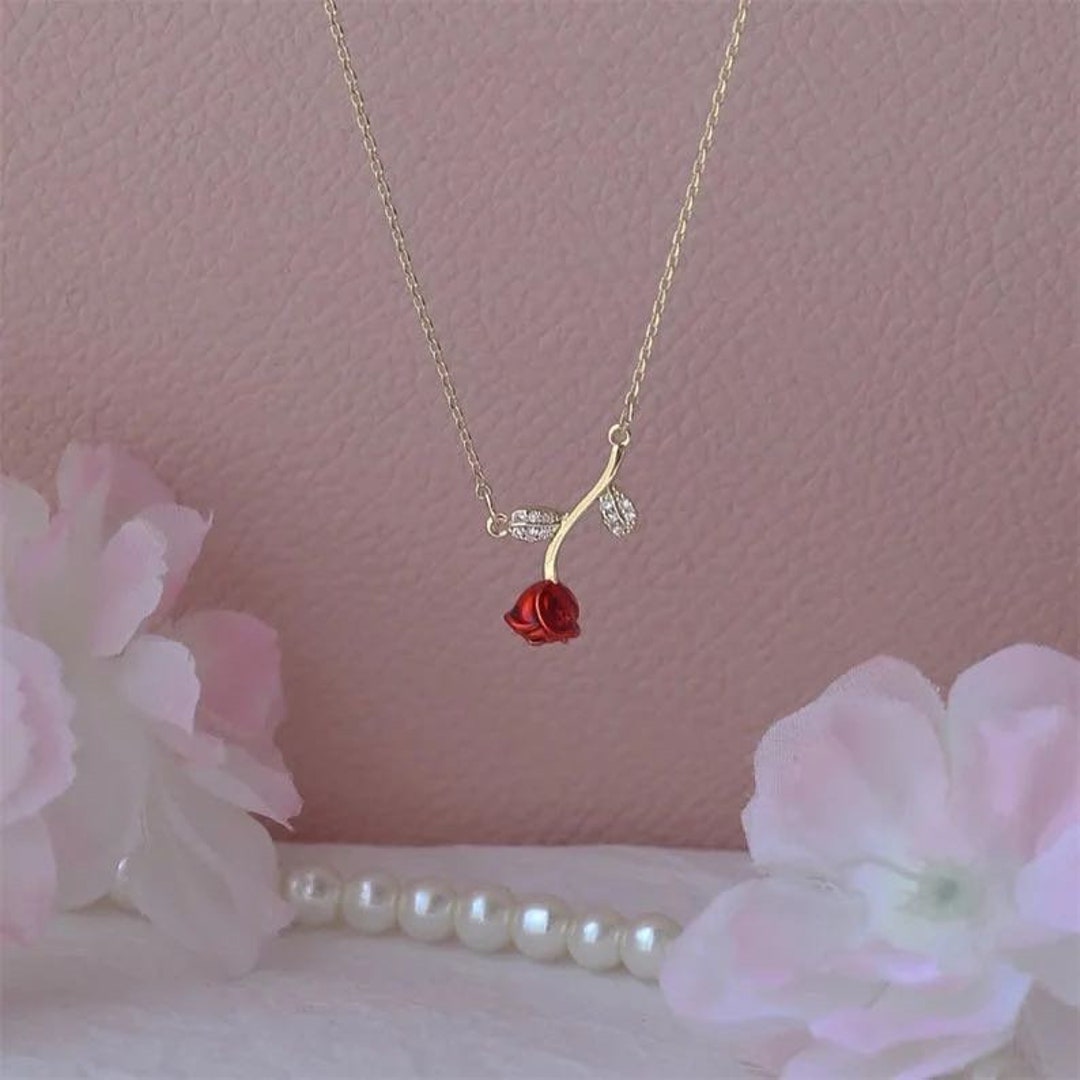 Rose Necklace, 18K Gold Filled Red Rose Necklace, Simple Necklace ...