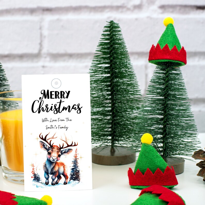 Printable Merry Christmas Gift Tag PNG PDF, Reindeer Holiday Labels ...