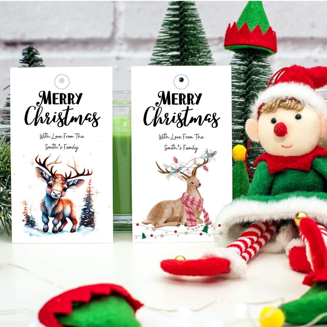 Printable Merry Christmas Gift Tag PNG PDF, Reindeer Holiday Labels ...