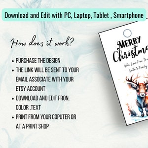 Printable Merry Christmas Gift Tag PNG PDF, Reindeer Holiday Labels ...