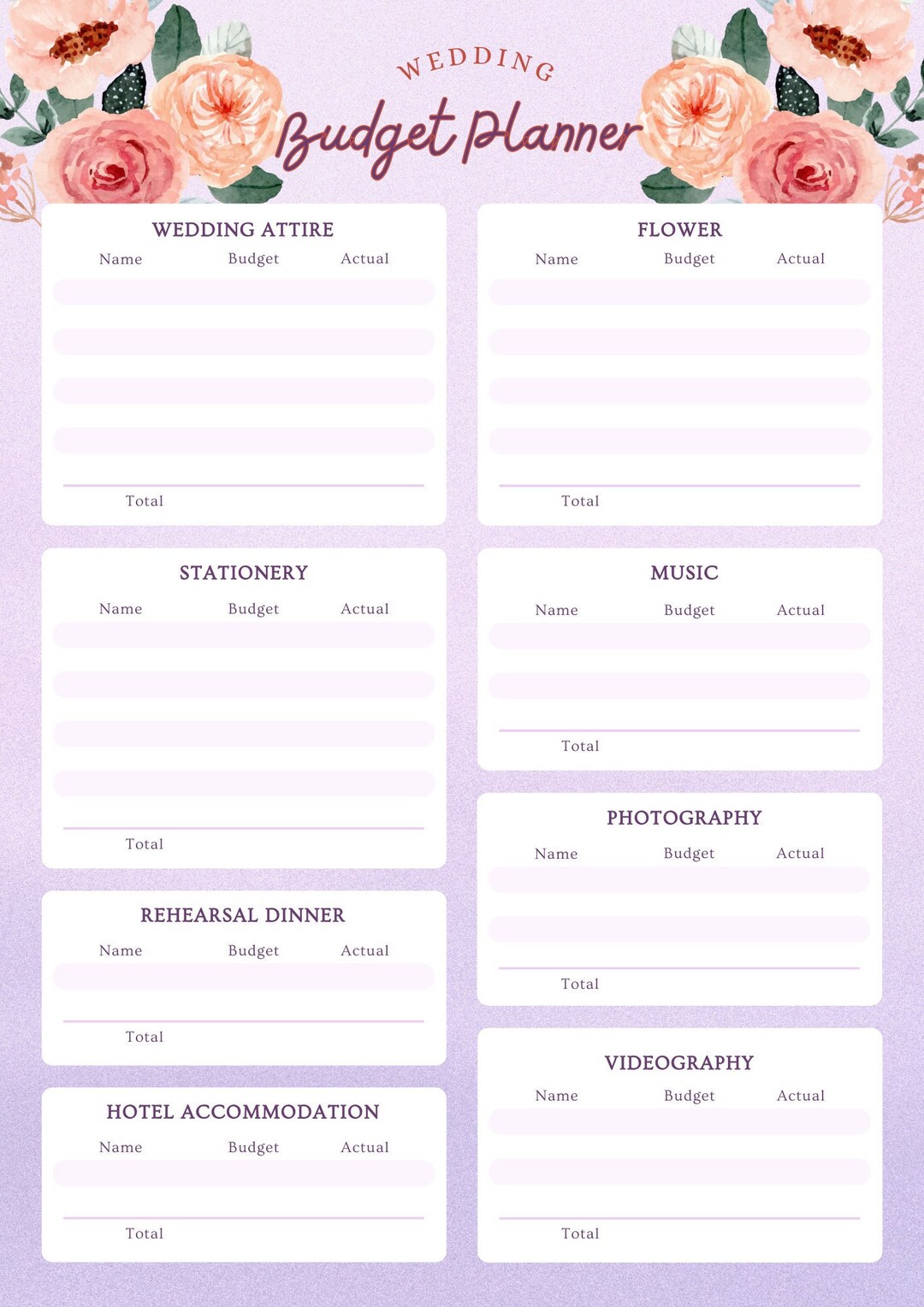 Purple and Pink Rustic Floral Wedding Budget Planner Budget Spreadsheet ...