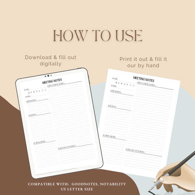 Meeting Notes Printable Template| Meeting Minutes, Agenda, Discussion ...