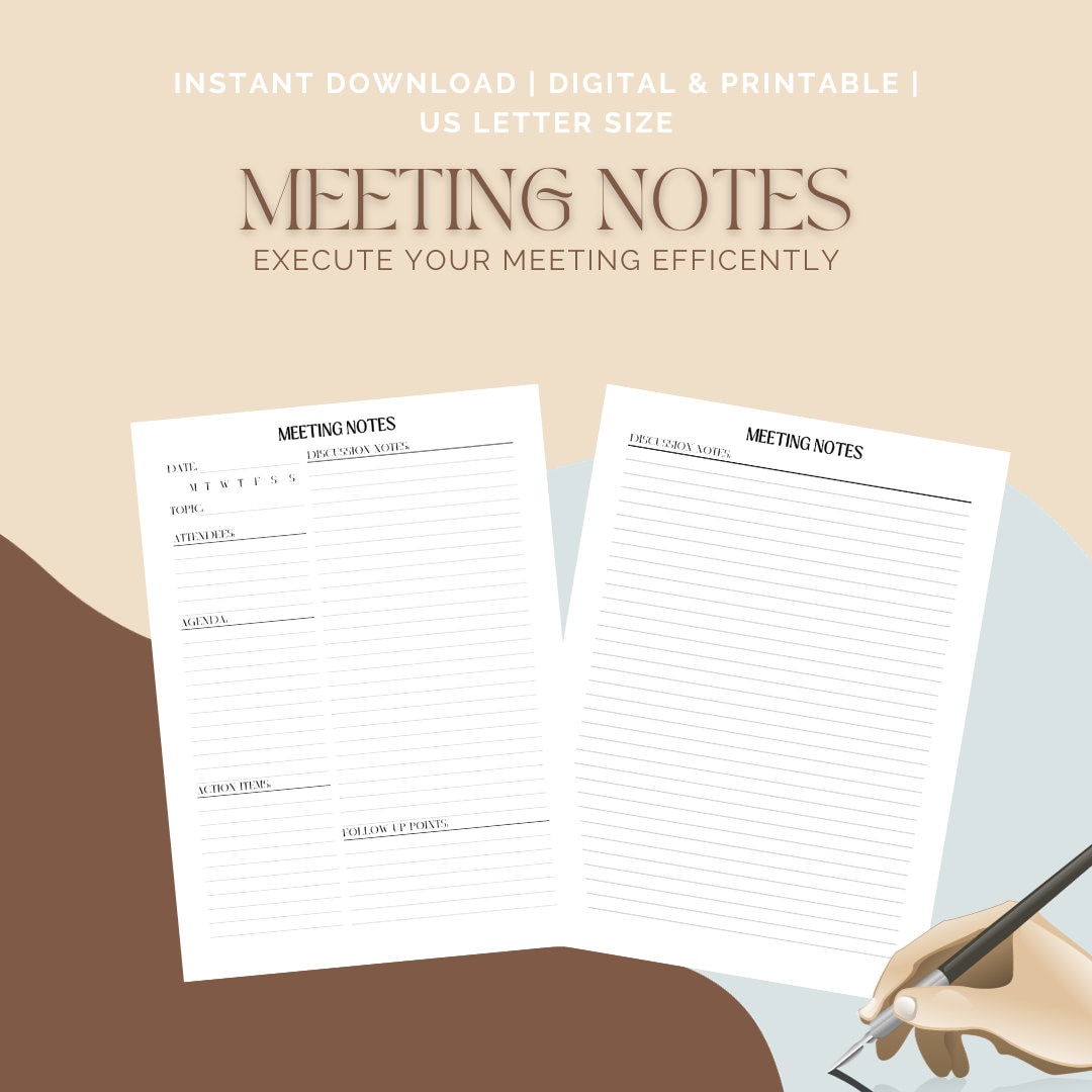 Meeting Notes Printable Template| Meeting Minutes, Agenda, Discussion ...