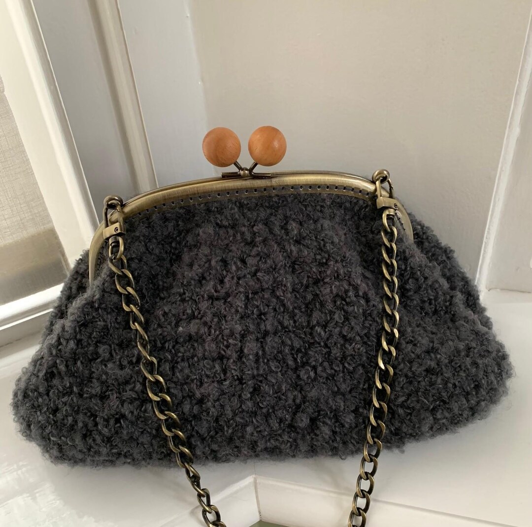 Handmade Wool Bouclé Crochet Clutch Bag With Kiss Lock & Detachable ...