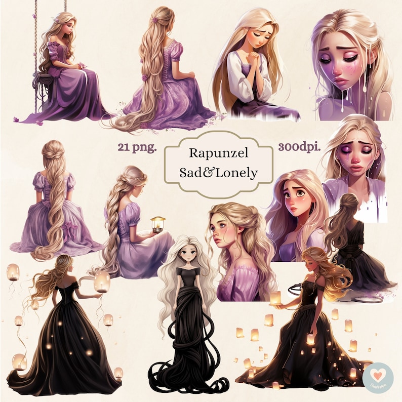 Rapunzel Inspired Clip Art in Sad and Lonely Mode Purple and Black ...