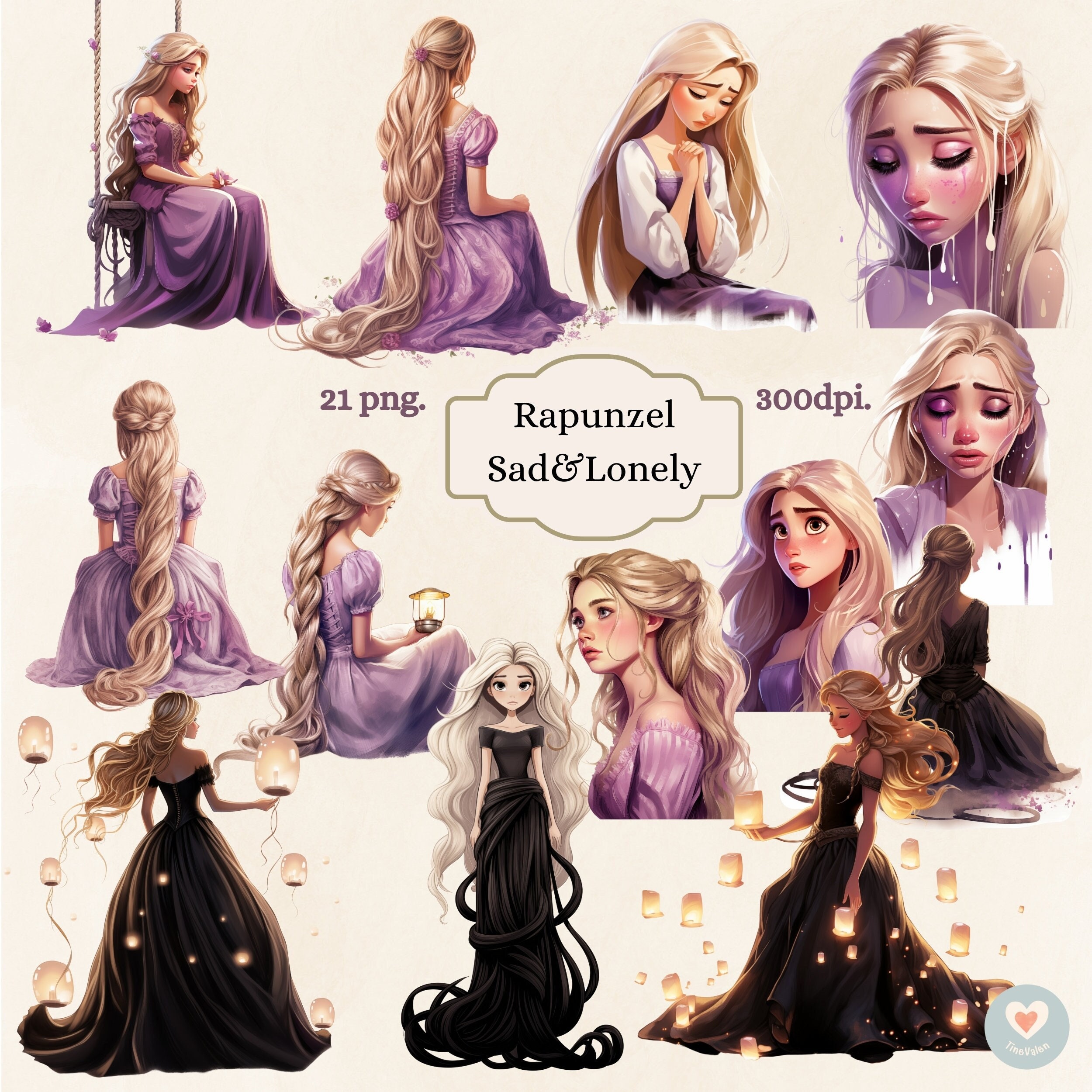 Rapunzel Inspired Clip Art in Sad and Lonely Mode Purple and Black ...