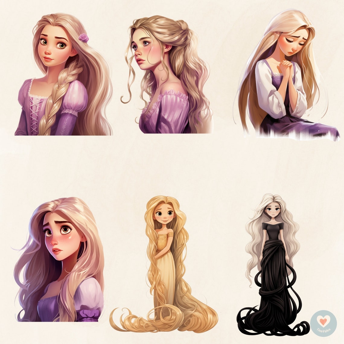 Rapunzel Inspired Clip Art in Sad and Lonely Mode Purple and Black ...