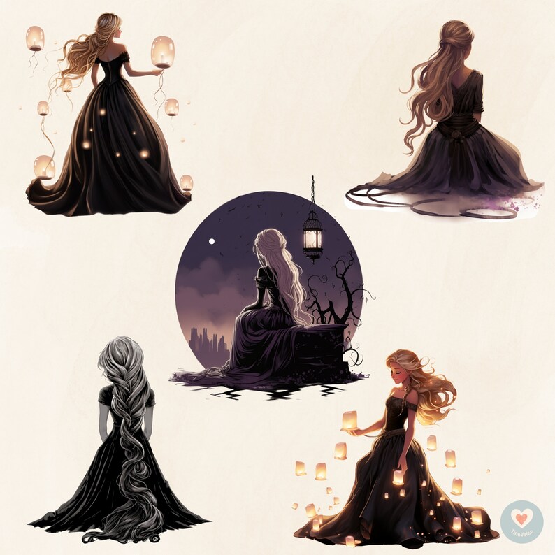 Rapunzel Inspired Clip Art in Sad and Lonely Mode Purple and Black ...