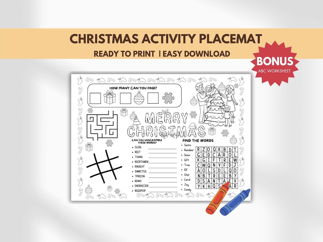 Christmas Activity Placemat Printable Coloring Activity Placemat for ...