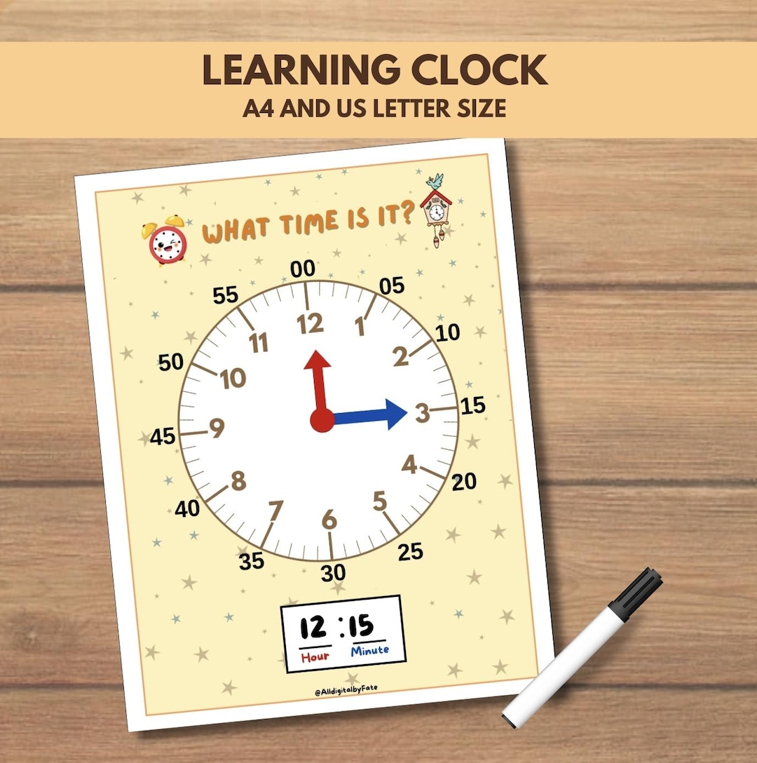 Learning Time Clock, Printable Clock for Kids, Kindergarten Homeschool ...