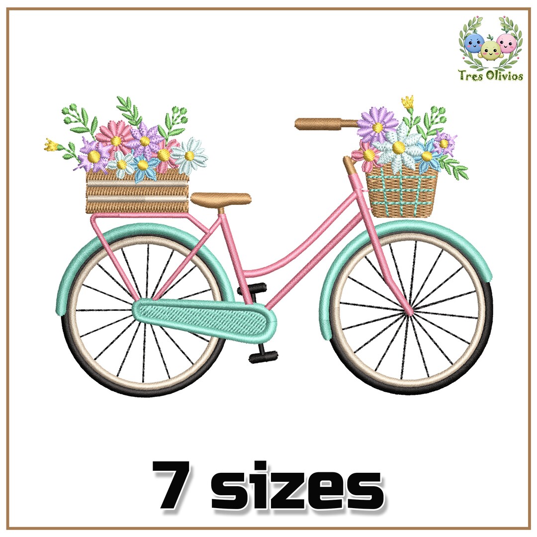 Vintage Bicycle With Wild Flowers Machine Embroidery Design, Retro ...