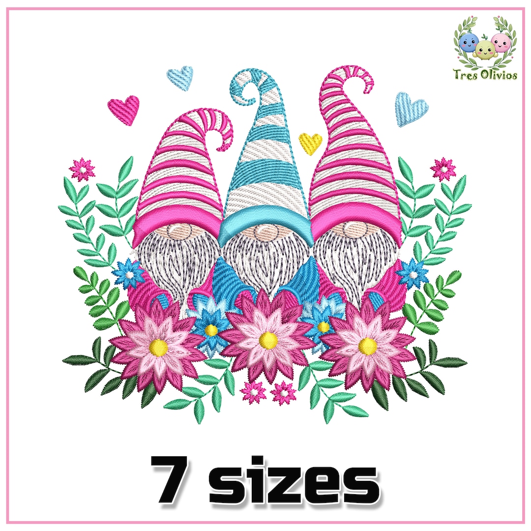 Trio of Garden Gnomes With Flowers Machine Embroidery Design, Floral ...