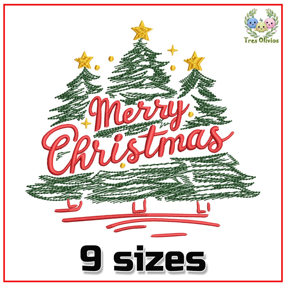 Merry Christmas Machine Embroidery Design, Doodle Pine Trees, Christmas ...