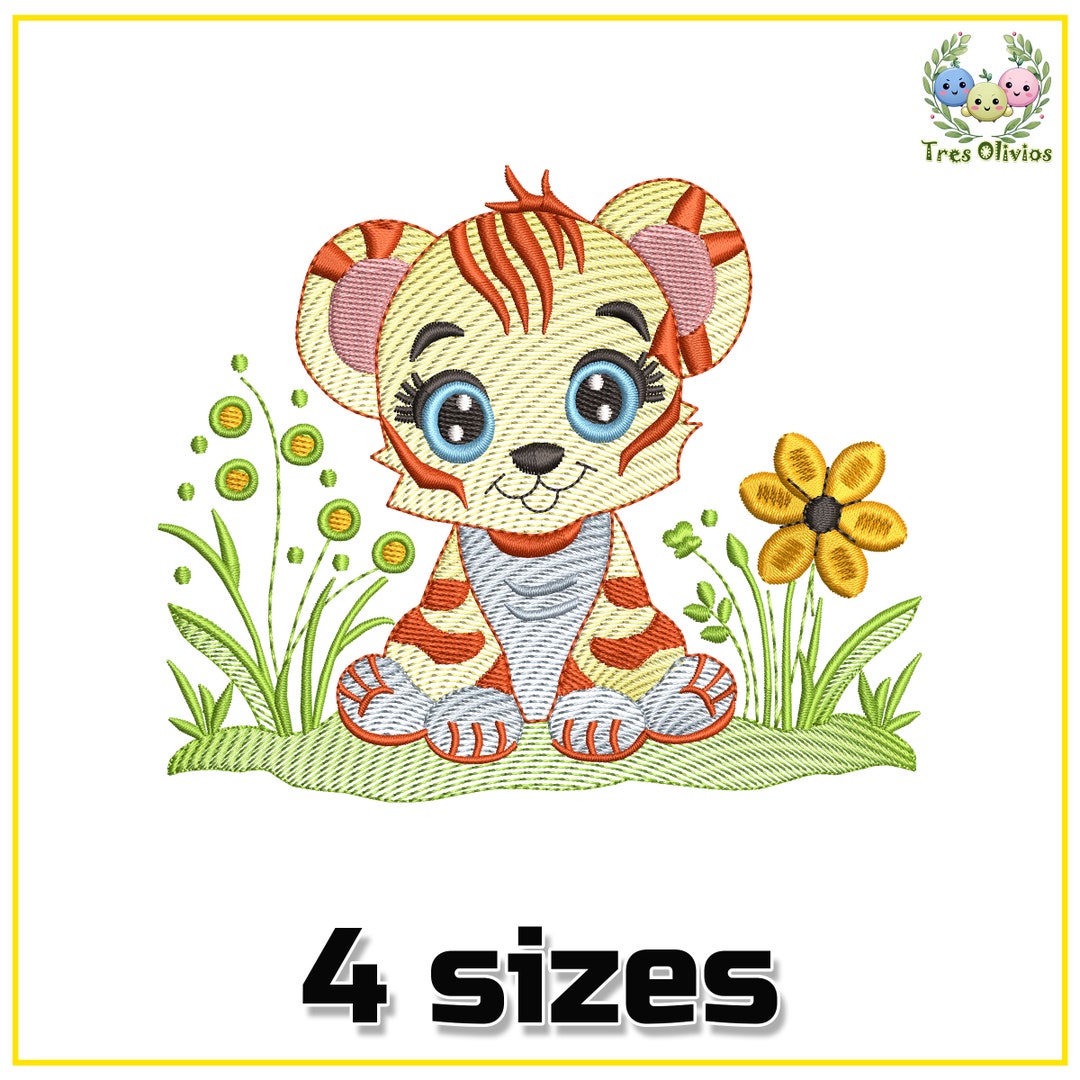 Cute Baby Tiger With Flowers Machine Embroidery Design, Animal, 4 Sizes ...