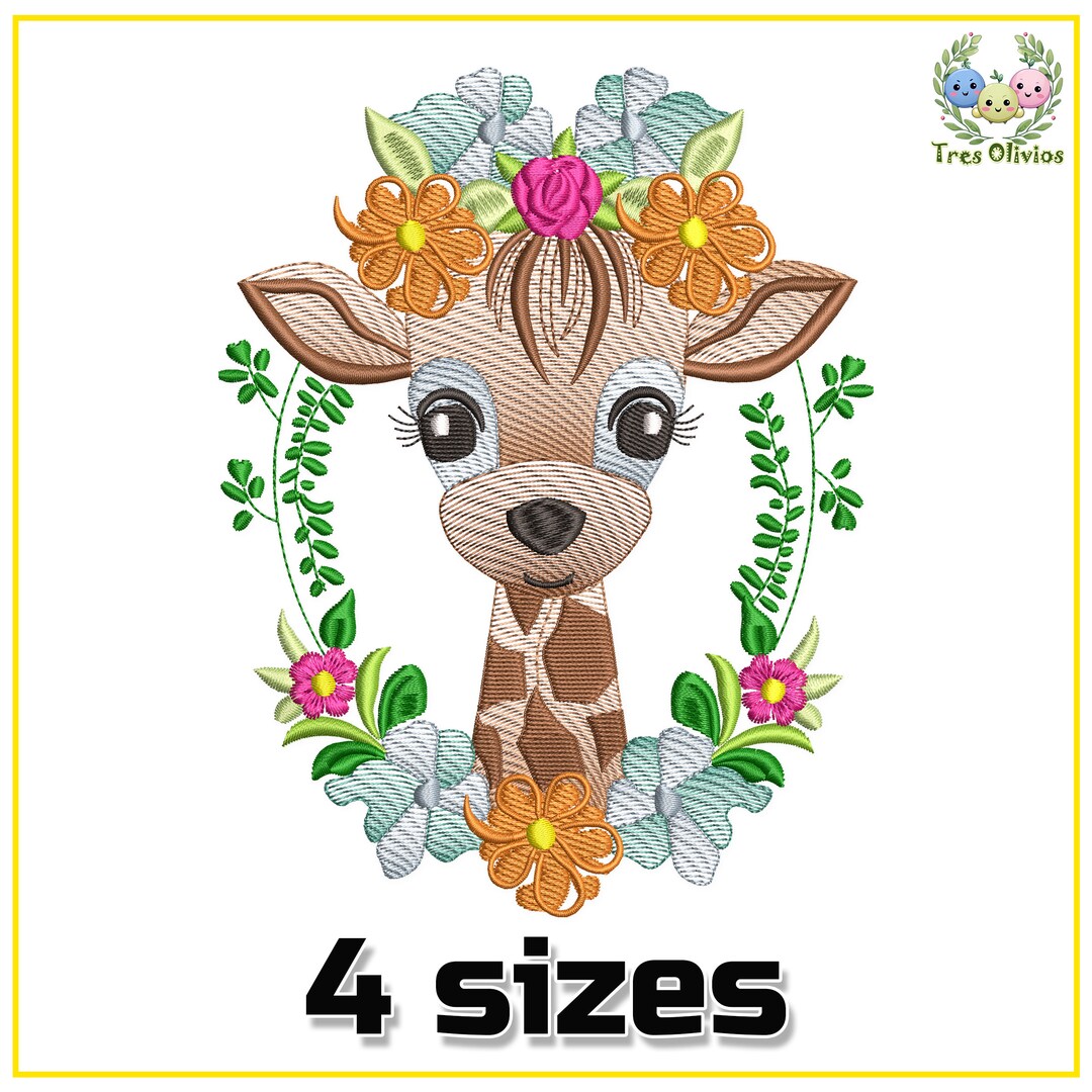 Sweet Giraffe Portrait in Floral Wreath Machine Embroidery Design 4 ...