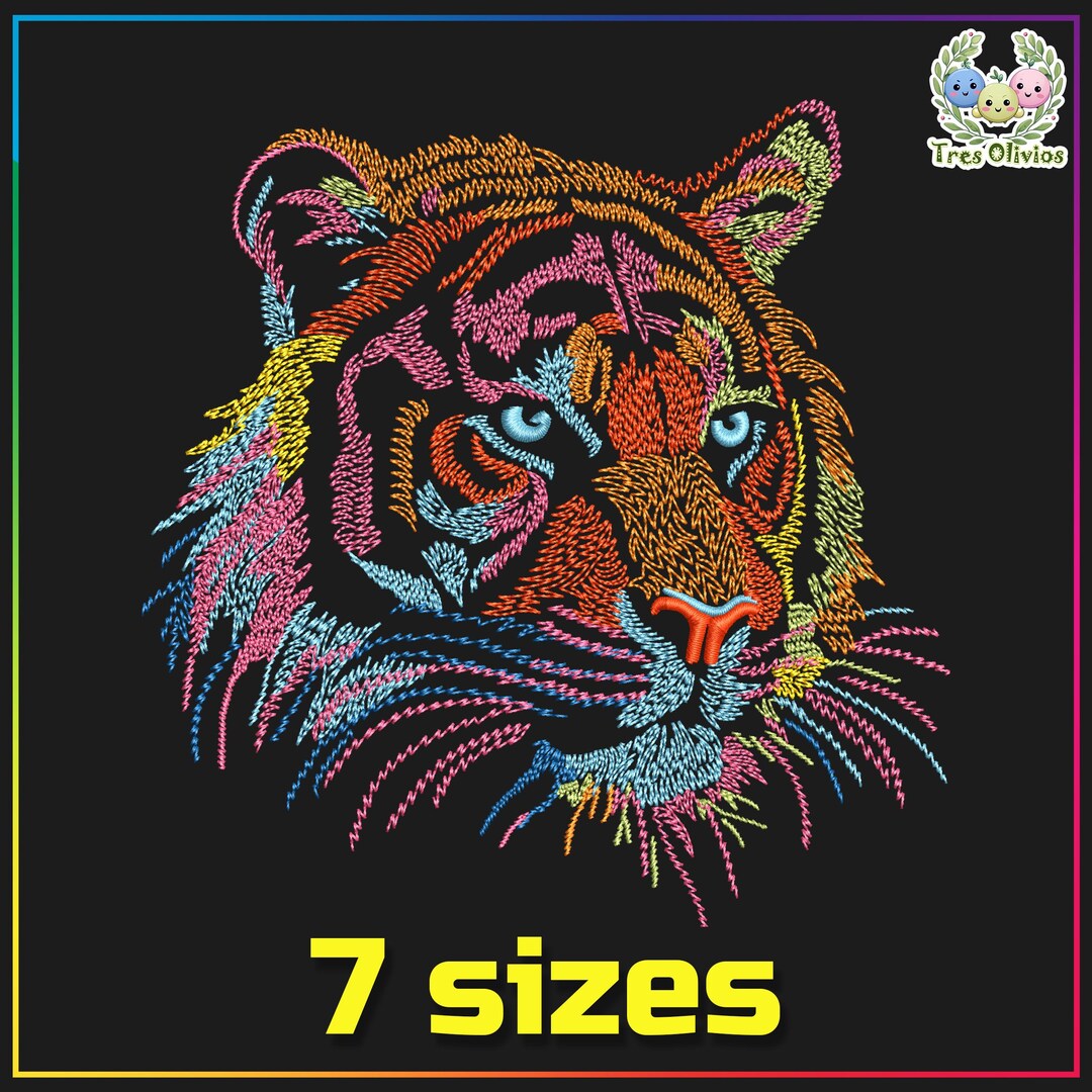 Tiger Portrait Machine Embroidery Design, Bright Animal Portrait, Neon ...