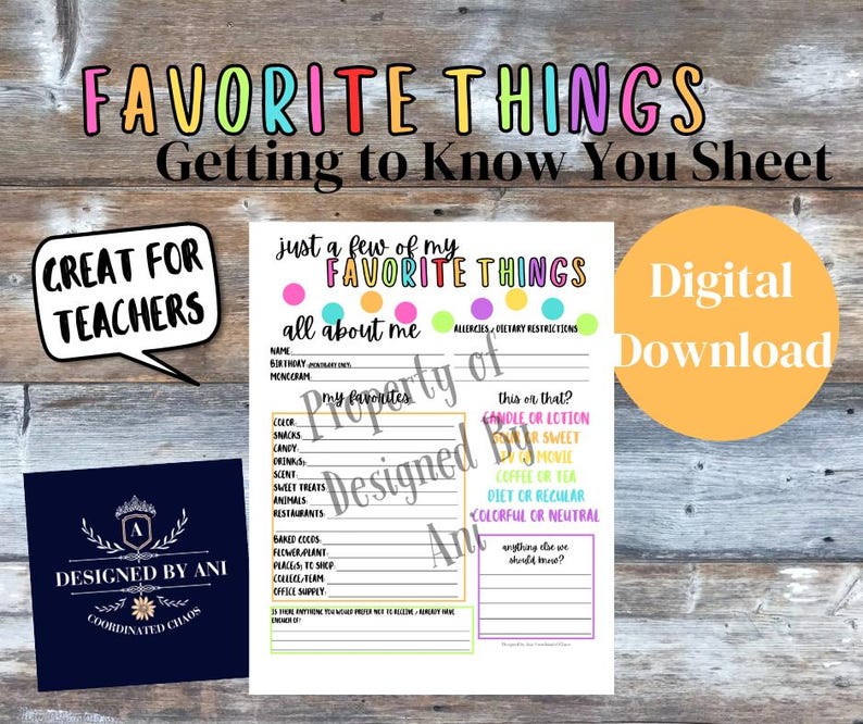 Favorite Things - Teacher, Staff, Getting to Know You - Etsy