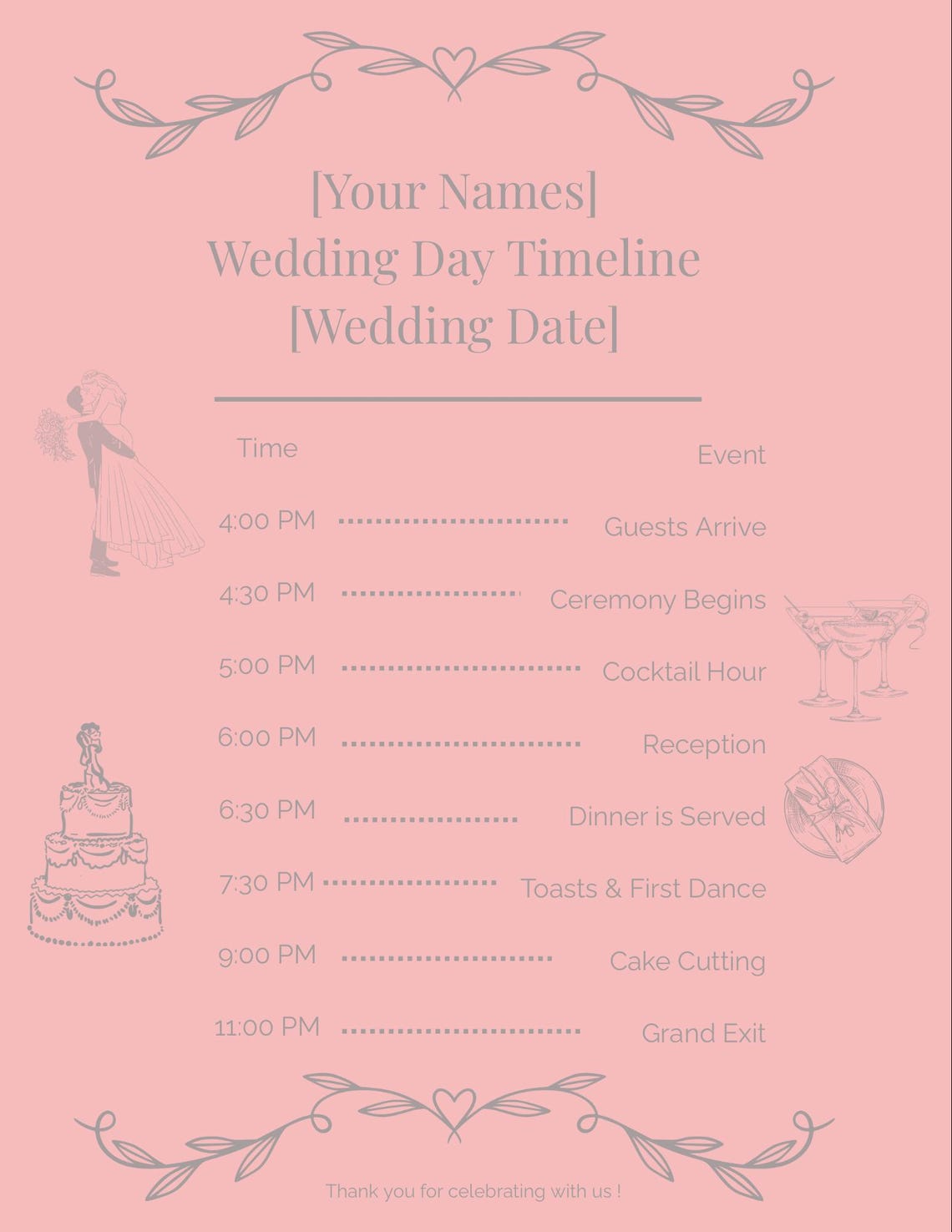 Editable Wedding Timeline Template | Day of Itinerary Schedule | Canva ...