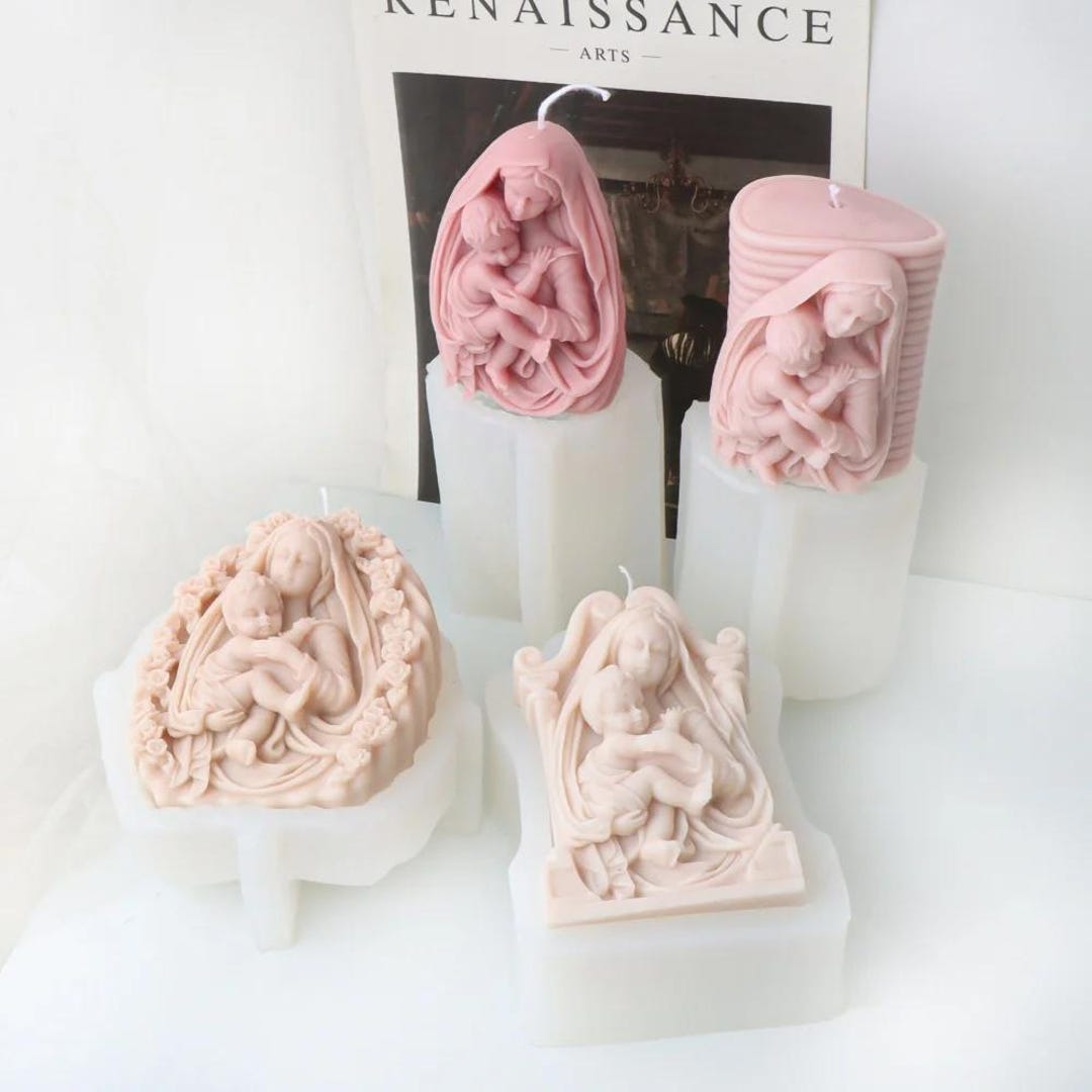 Virgin Mary Holding Baby Jesus Candle Mold, Silicone, Religious Statue ...