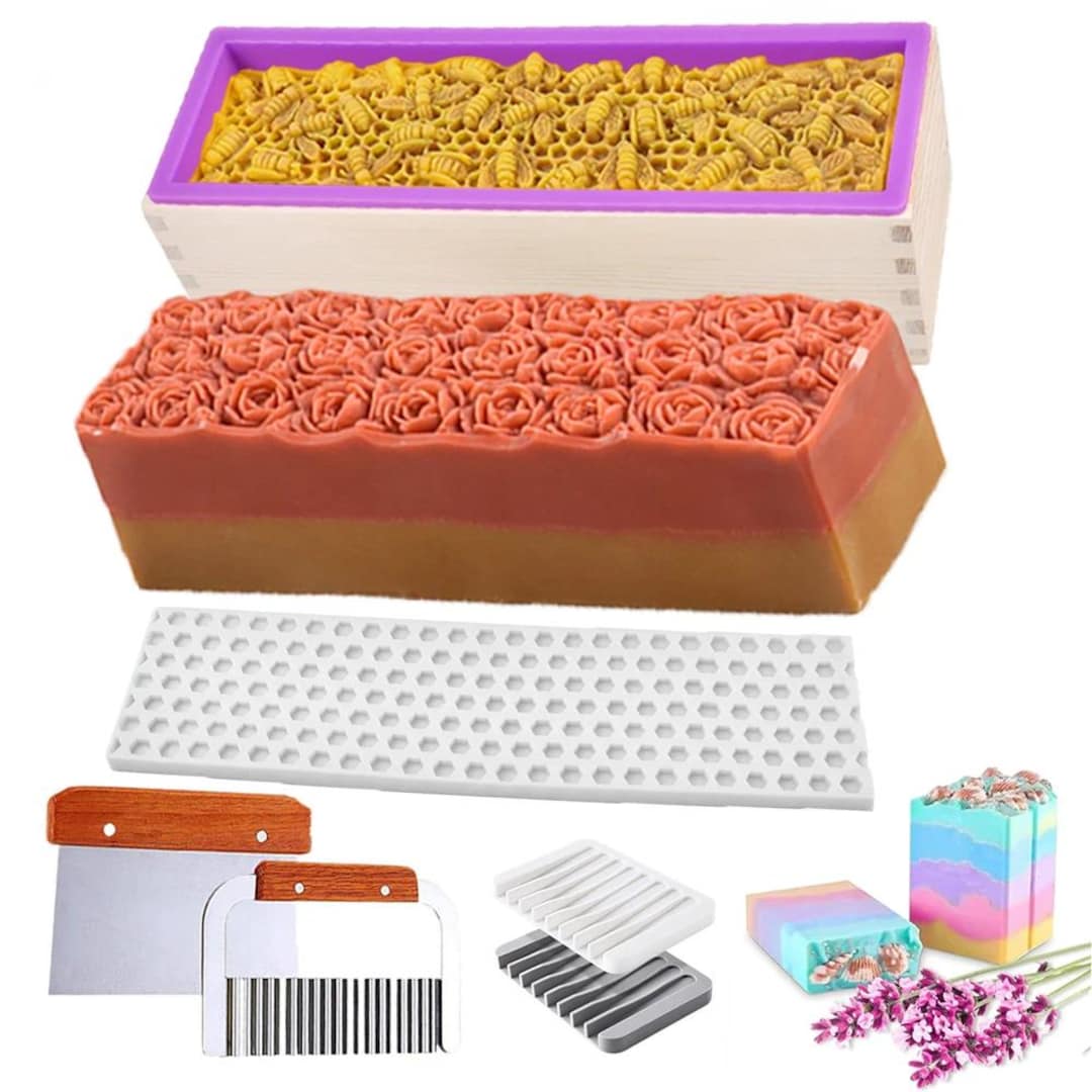Soap Mold Kit, 2/5pcs, Rectangle Wooden Box Silicone, Stainless Steel ...