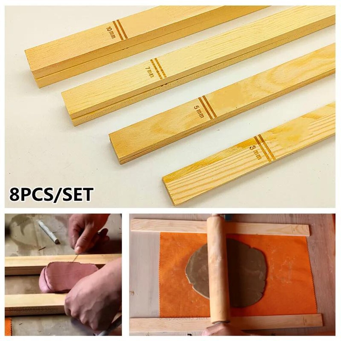 8pcs, Clay Rolling Stick Mud Guide, Wood Strips, Uniform Thickness, for ...