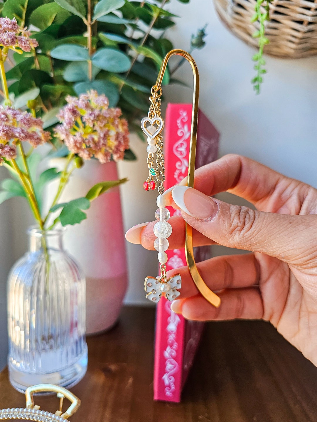 Layered Pearl Bow Charm Bookmark, Soft Girl Spring, Freshwater Pearls ...