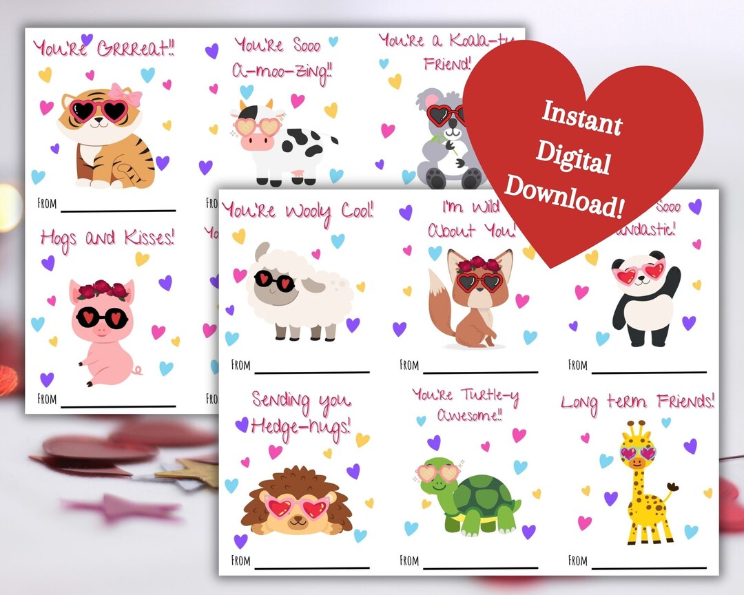 Animal Valentine's Day Cards Digital Printable V-day Kid Card - Etsy