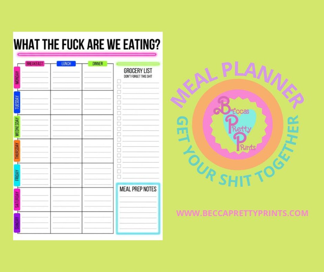 Weekly Menu Planner Printable, Neon Meal Planner PDF, Funny Single Page ...