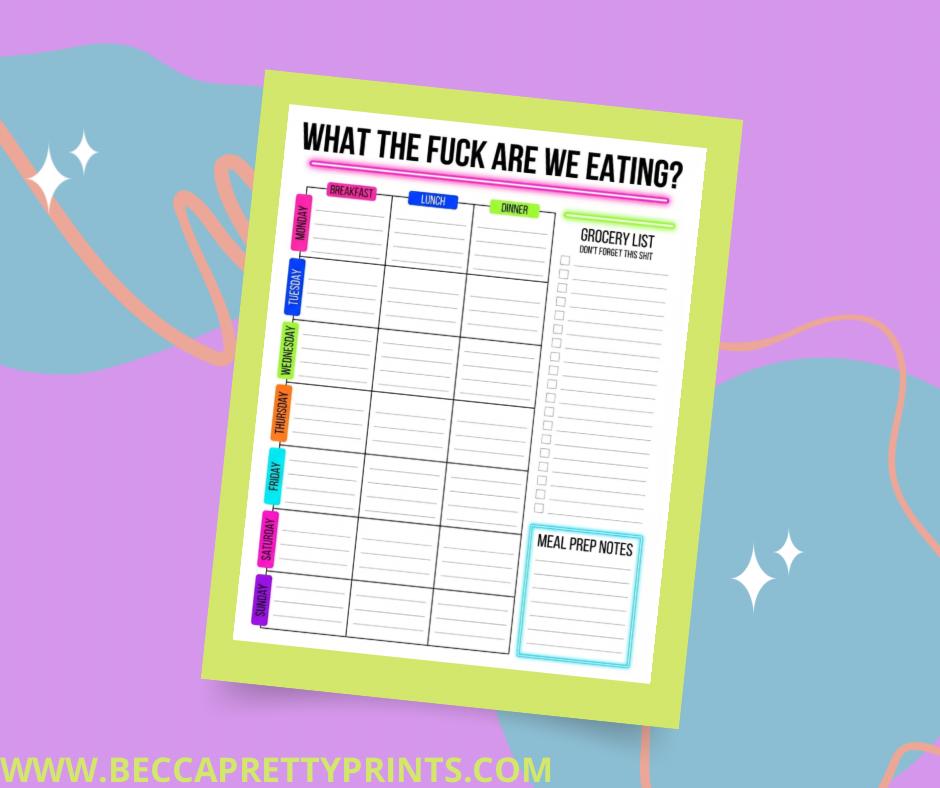 Weekly Menu Planner Printable, Neon Meal Planner PDF, Funny Single Page ...