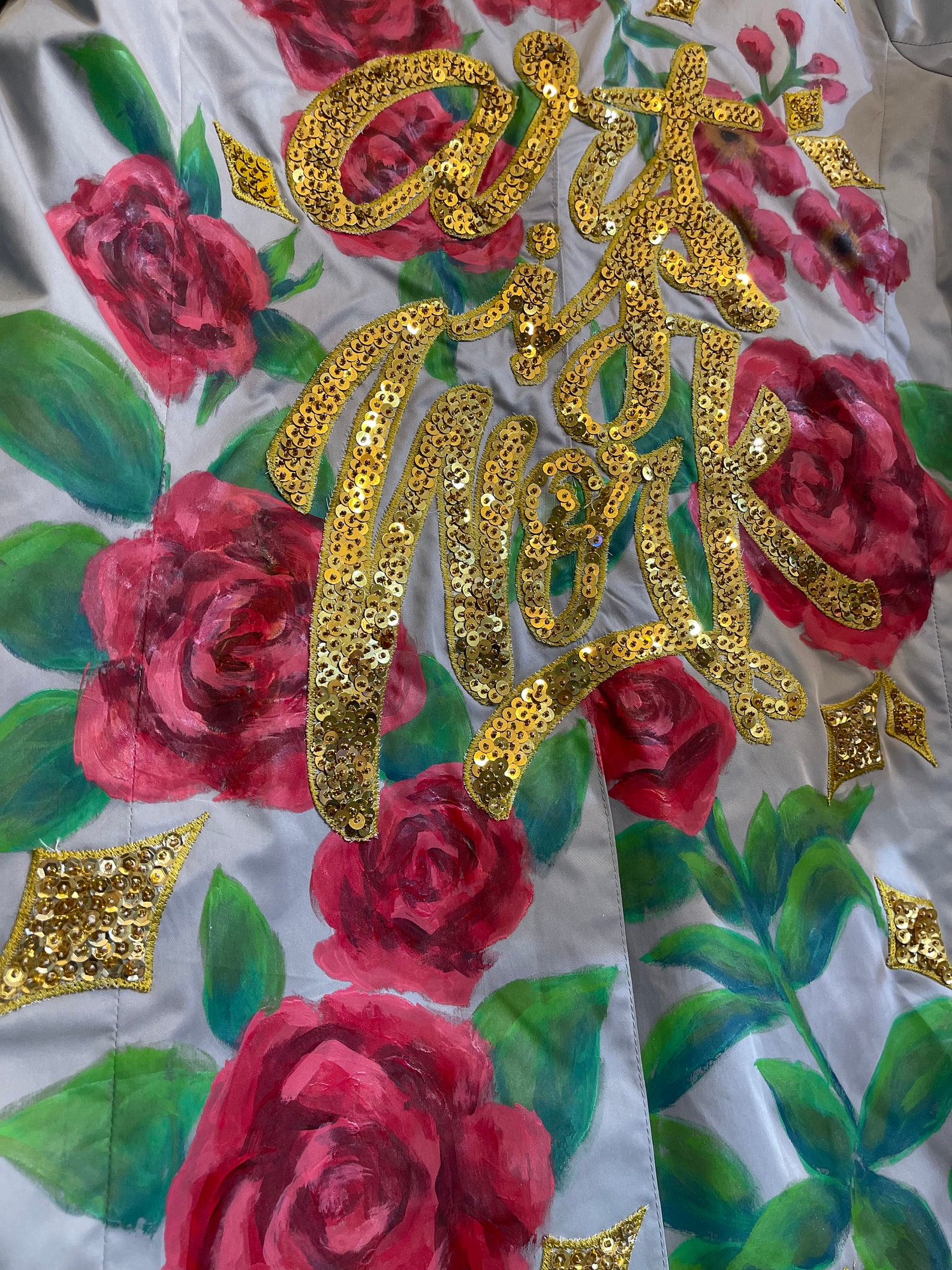 Custom Hand-painted Women Trench Coat Rose Flower Design Sequins ...