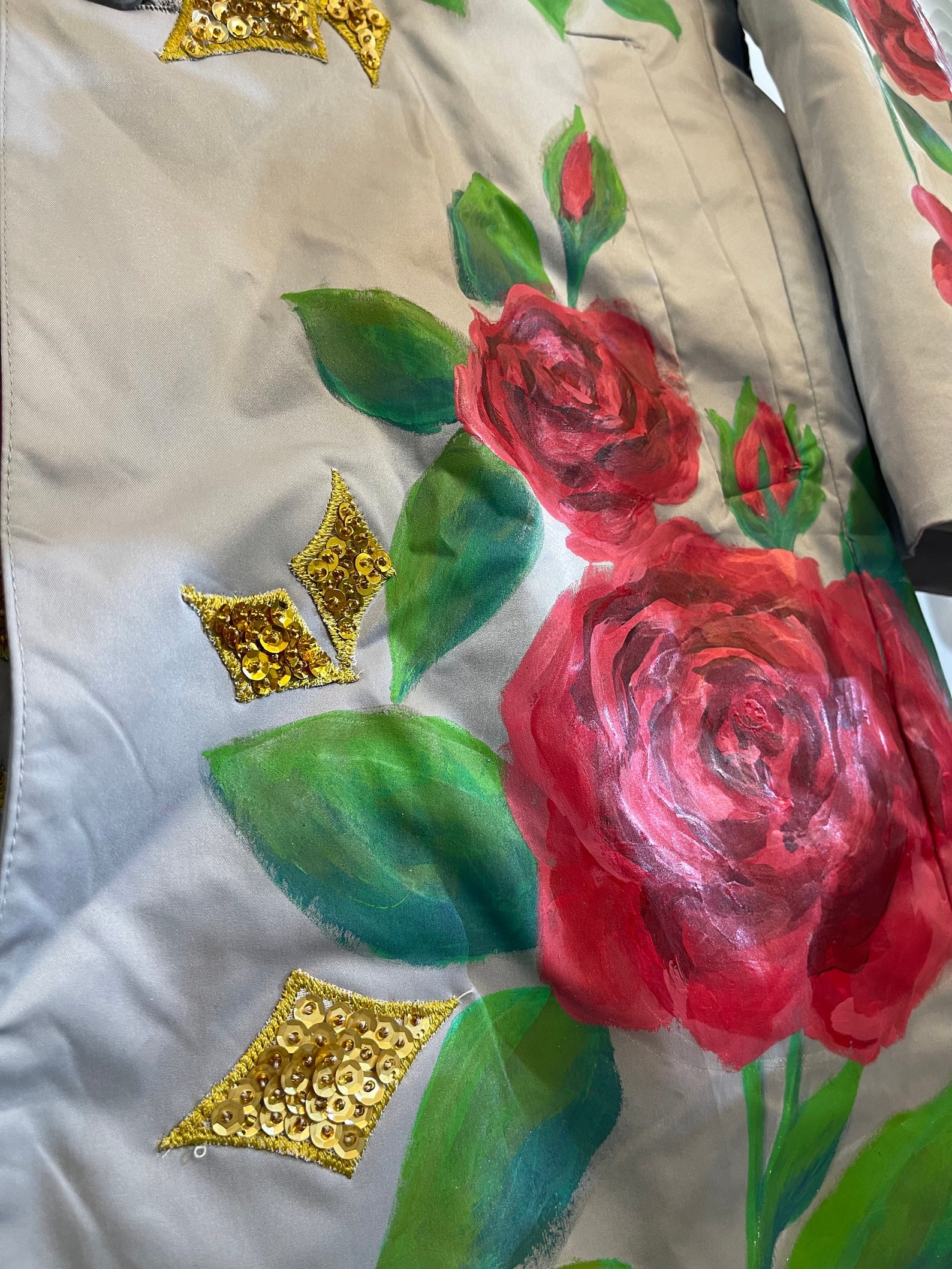 Custom Hand-painted Women Trench Coat Rose Flower Design Sequins ...