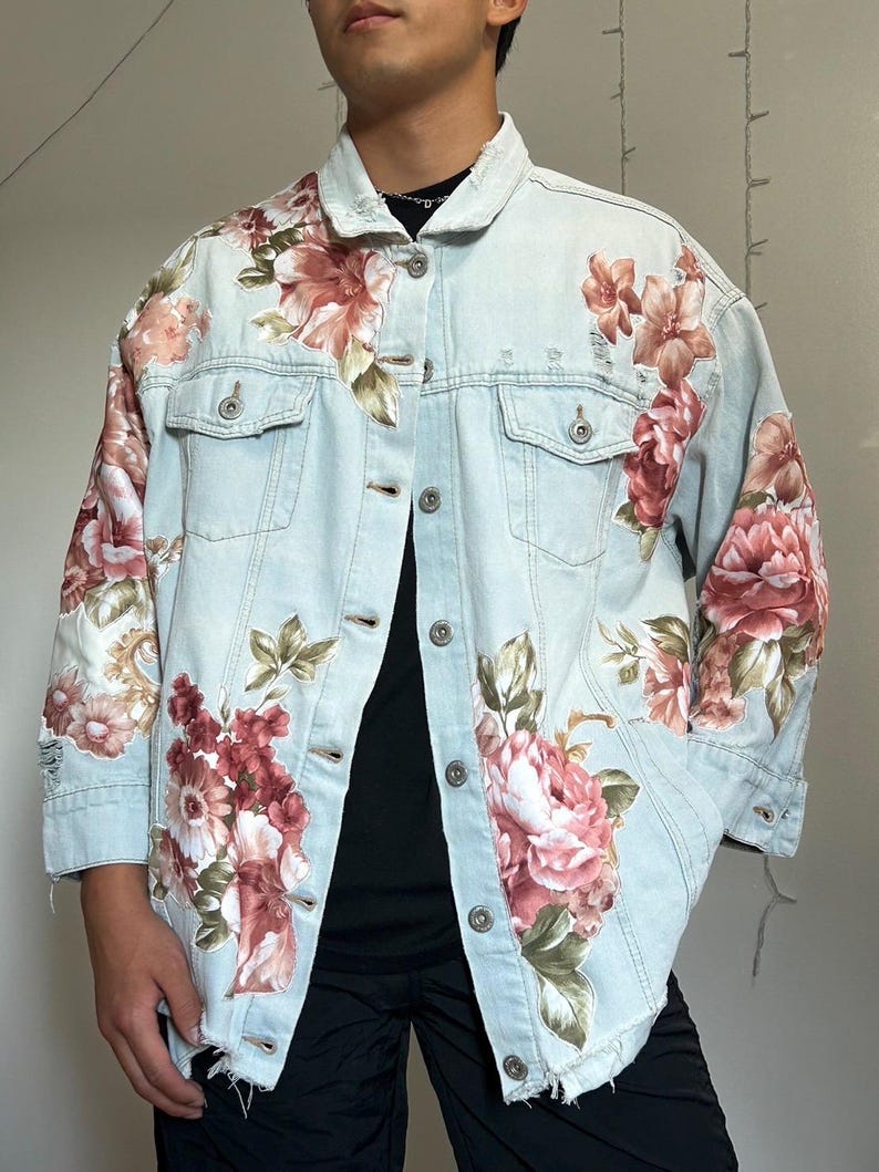 Floral Applique Denim Jacket: Handmade Shabby Chic Boho Style - Etsy