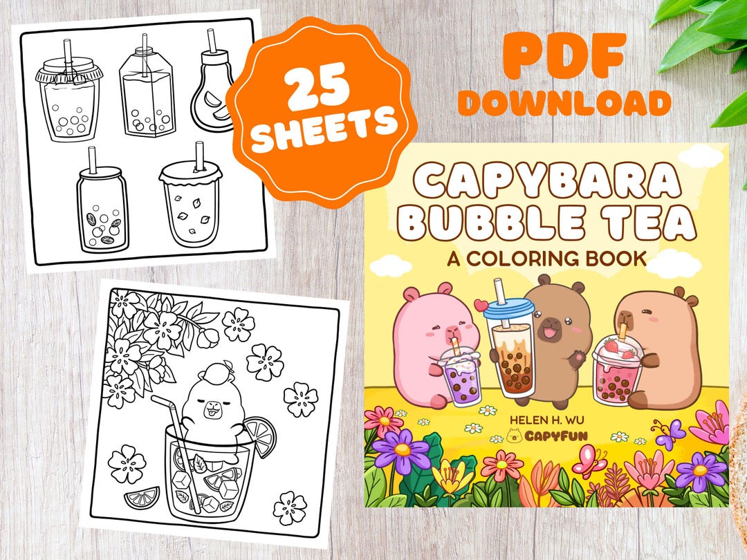 Cute Capybaras & Bubble Tea 25 Digital Coloring Printable Pages Kawaii ...
