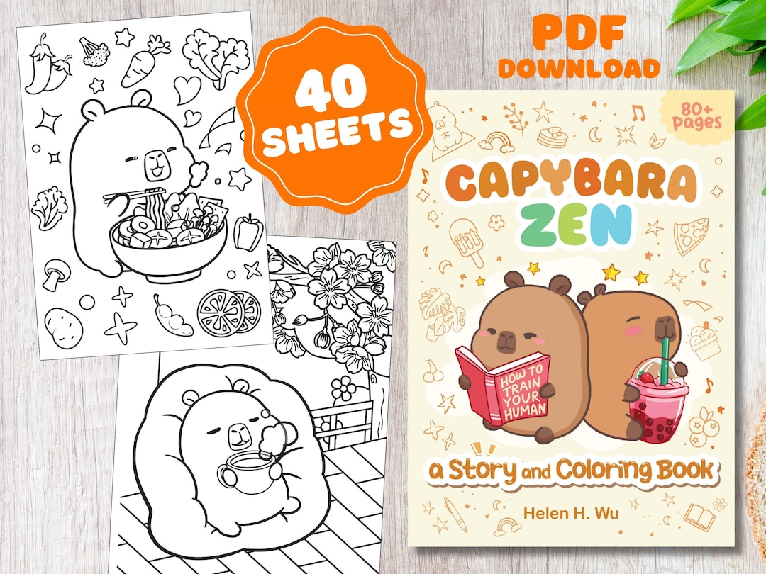 Cute Capybara 40 Digital Coloring Printable Pages CAPYBARA ZEN Kawaii ...