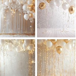 15 Digital Backdrops With White and Golden Balloon Garland and Flowers ...