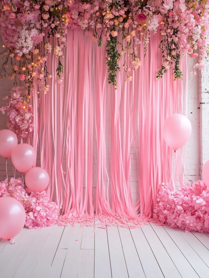 6 Pink Balloons and Flowers Digital Backdrop, Birthday Party Virtual ...