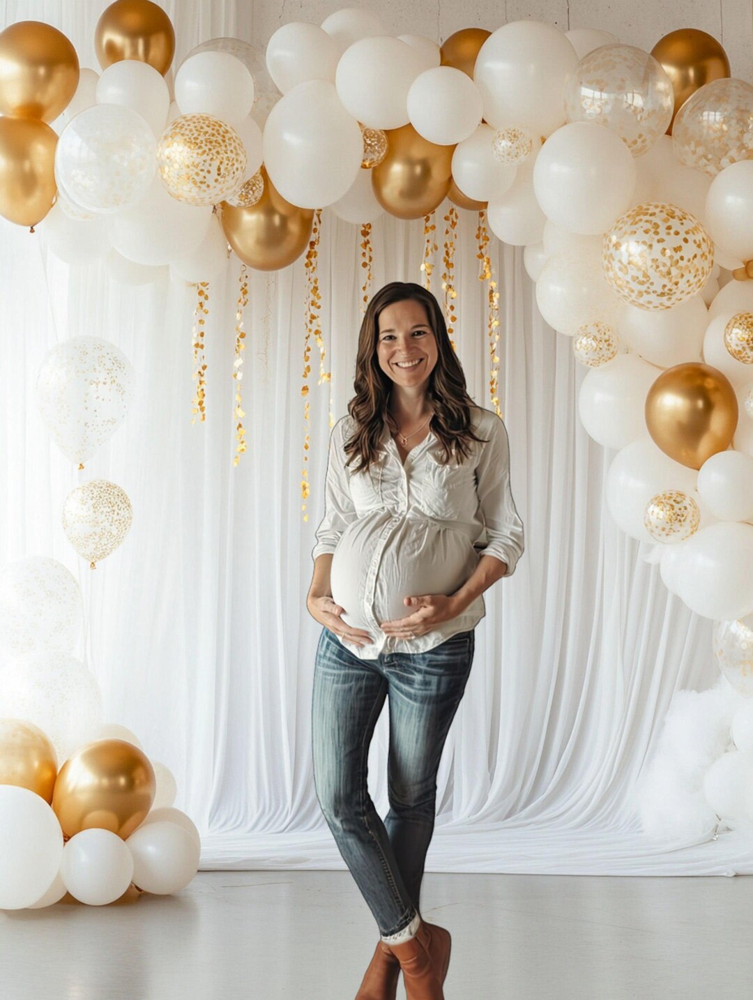 Balloon Arch Digital Backdrop, White and Golden Balloons Virtual ...