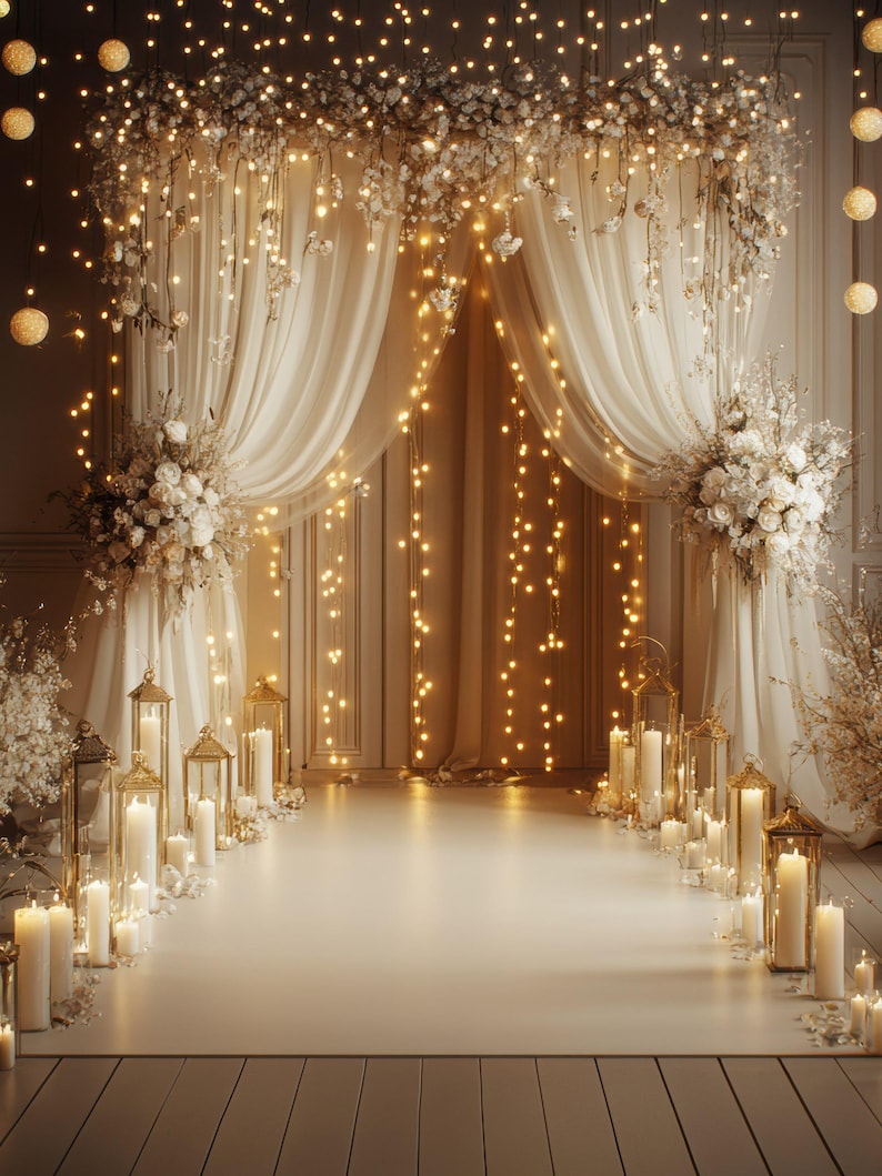 6 Wedding Digital Backdrops, Elegant Curtains, Lights and Flowers ...