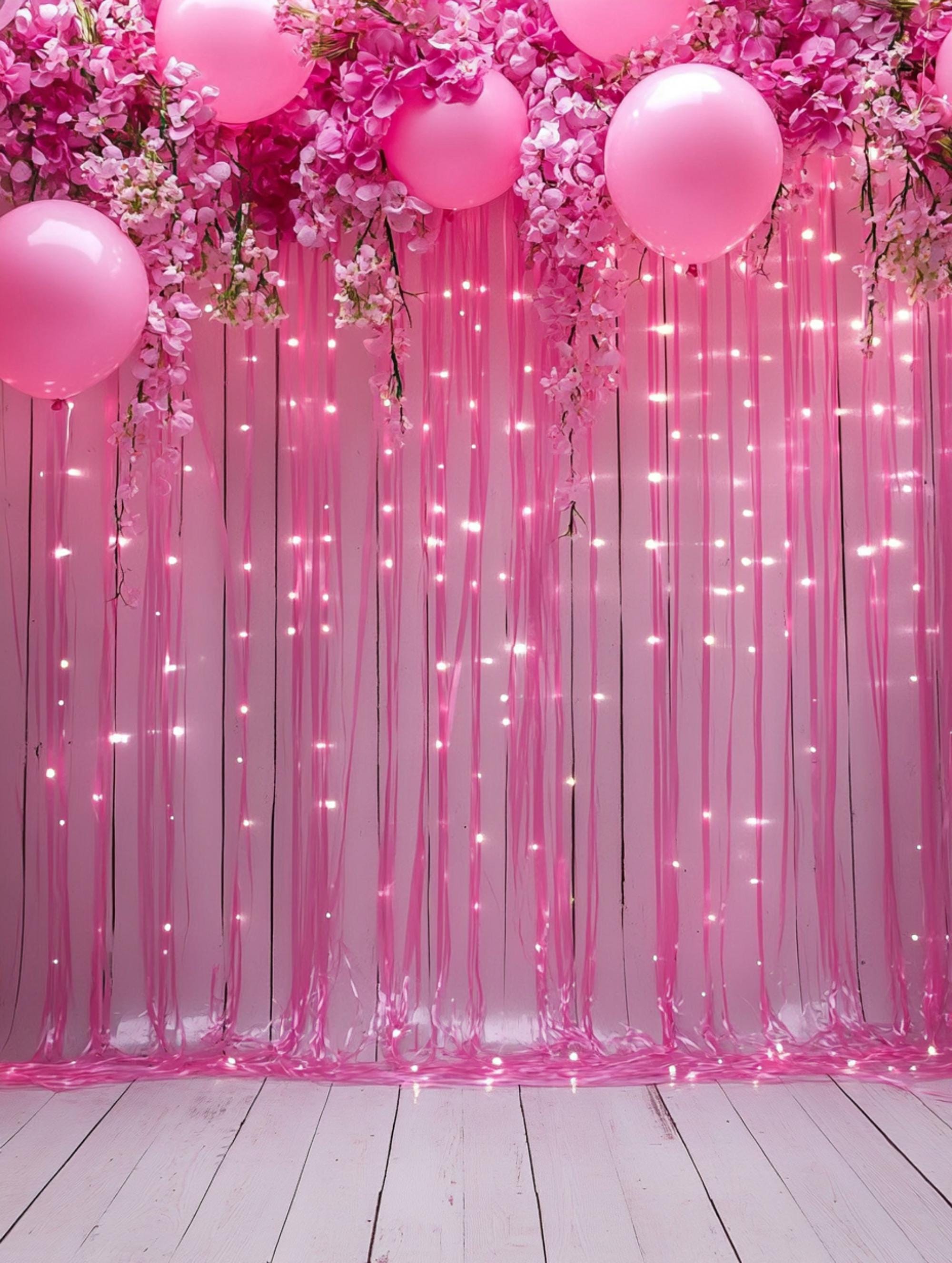 6 Pink Balloons and Flowers Digital Backdrop, Birthday Party Virtual ...
