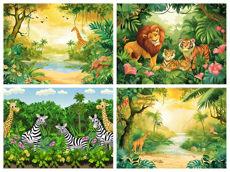 Safari Theme DIGITAL Backdrop, Jungle Cute Baby Animals Background ...
