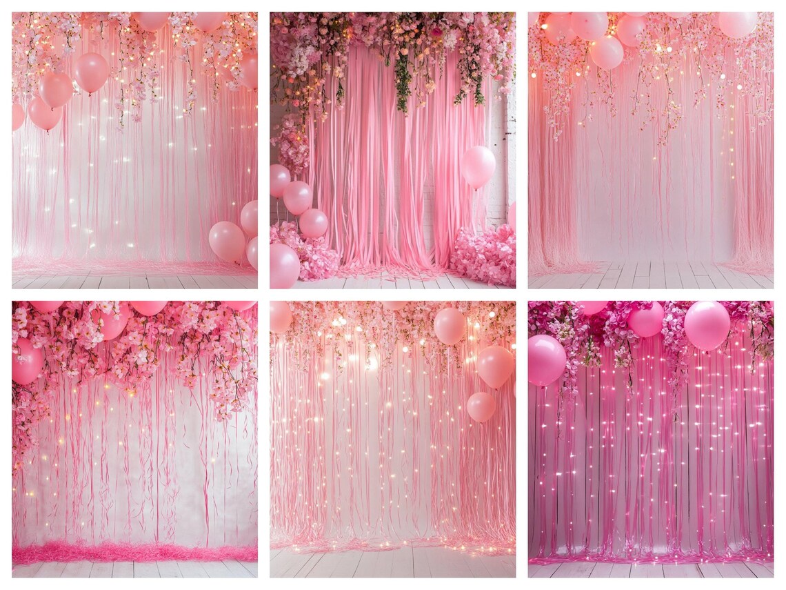 6 Pink Balloons and Flowers Digital Backdrop, Birthday Party Virtual ...