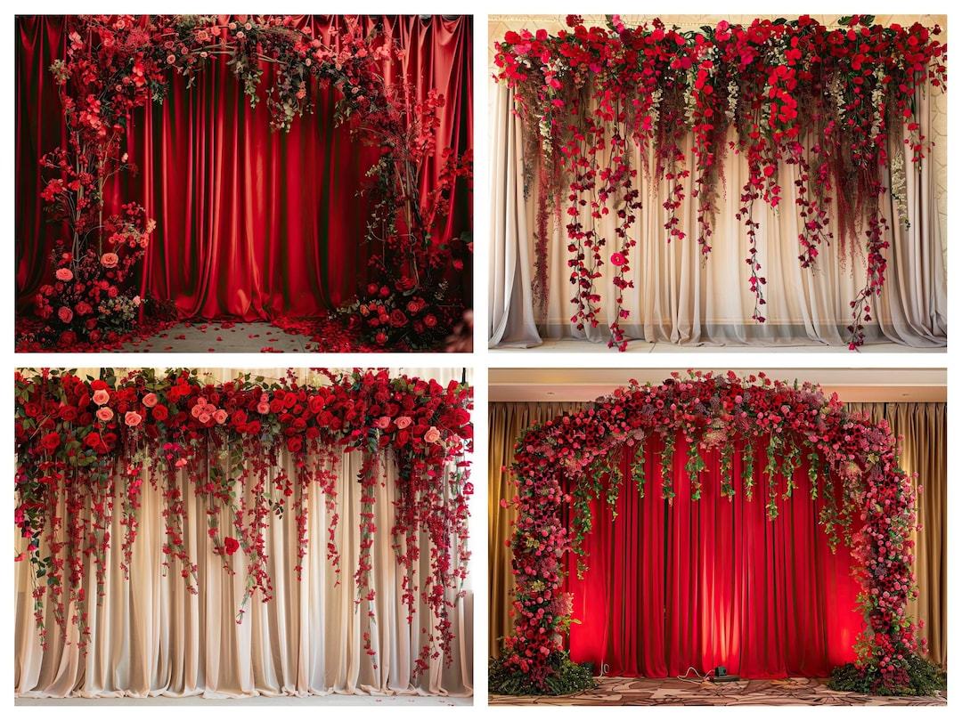 Red Floral Maternity DIGITAL Backdrop, Red Wedding Arch, Curtain Photo ...