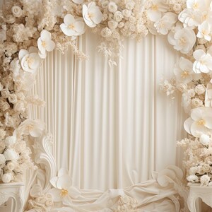 White Ivory Elegant Decor With Curtains and Flowers Digital Backdrops ...