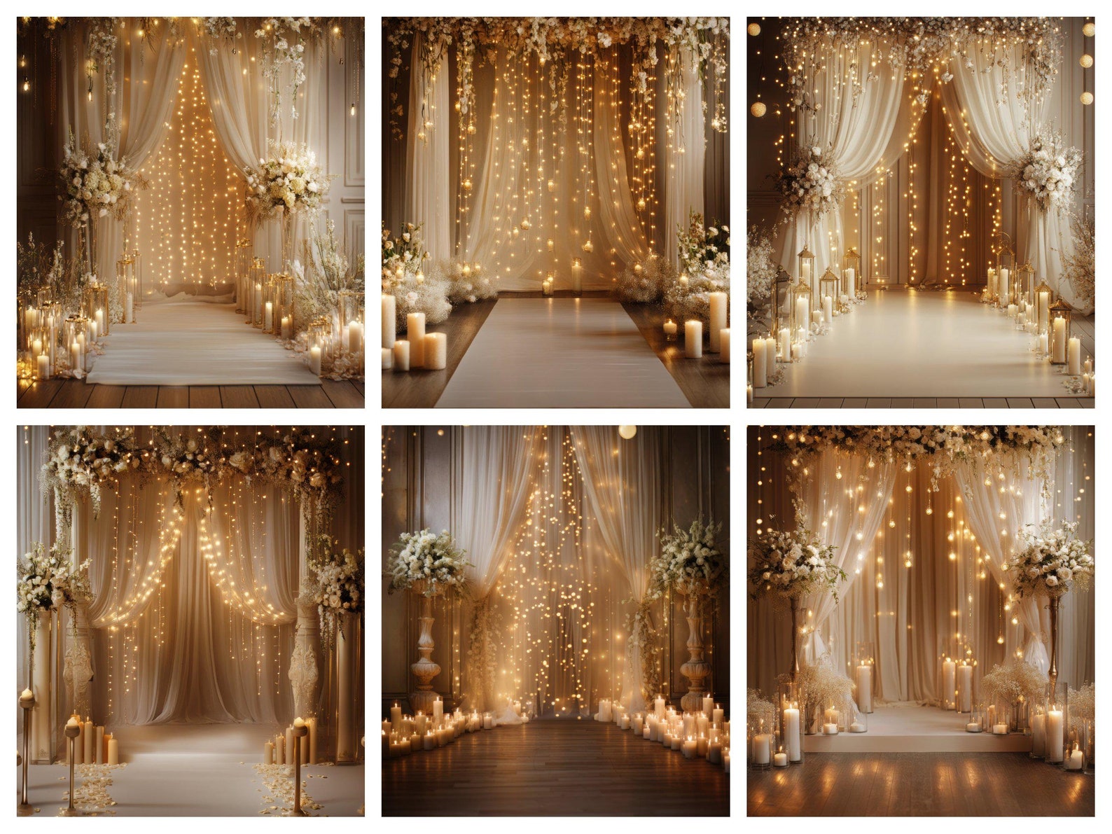 6 Wedding Digital Backdrops, Elegant Curtains, Lights and Flowers ...