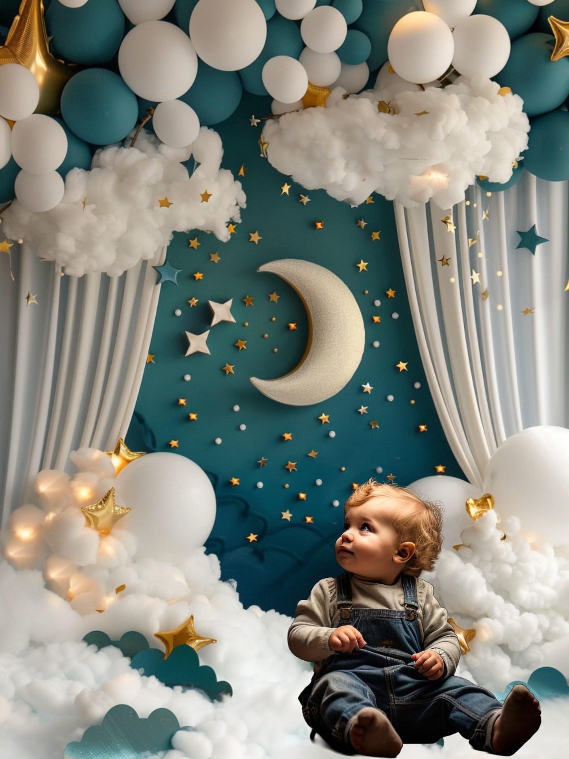 10 Birthday Party Digital Backdrop, Moon, Stars, Balloons Virtual ...